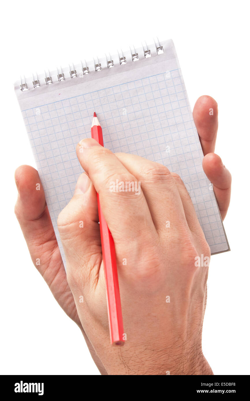 red pencil in hand isolated on white background Stock Photo - Alamy
