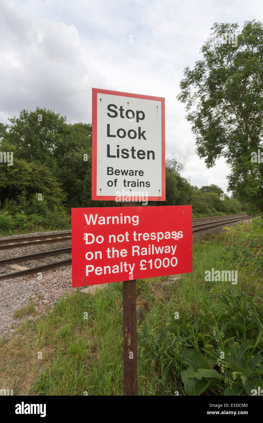 Signs 'Stop Look Listen', 'Beware of trains' and 'Warning do not ...