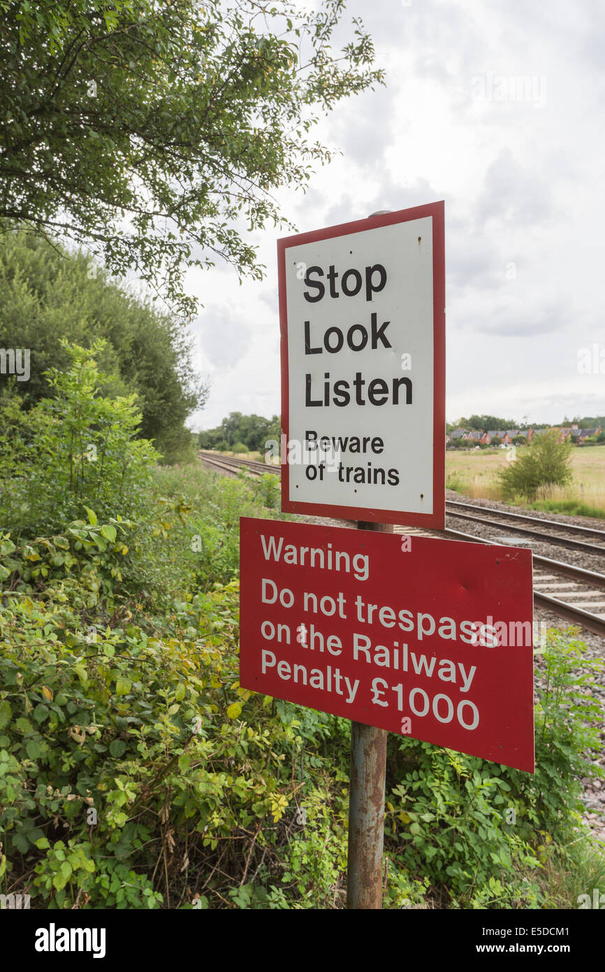 Signs 'Stop Look Listen', 'Beware of trains' and 'Warning do not ...