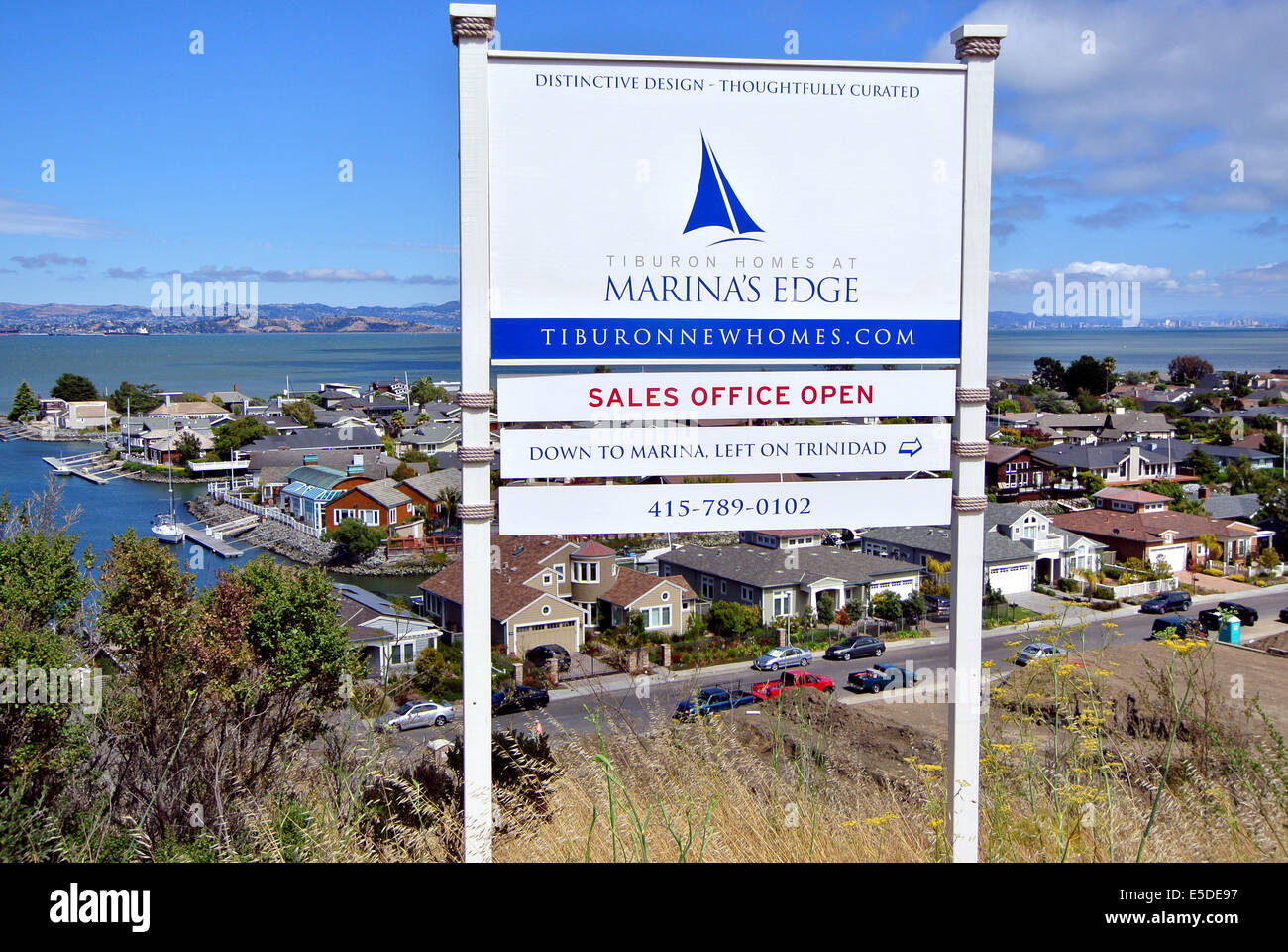 Real estate sign advertises New homes for sale on water edge in Tiburon ...