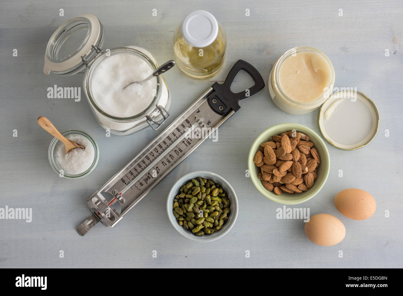 Thermometer and ingredients for making turron, elevated view Stock ...