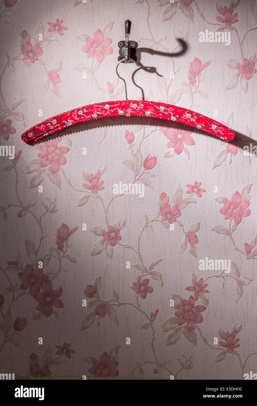 Clothes hanger hanging on hook in front of wallpaper with floral ...