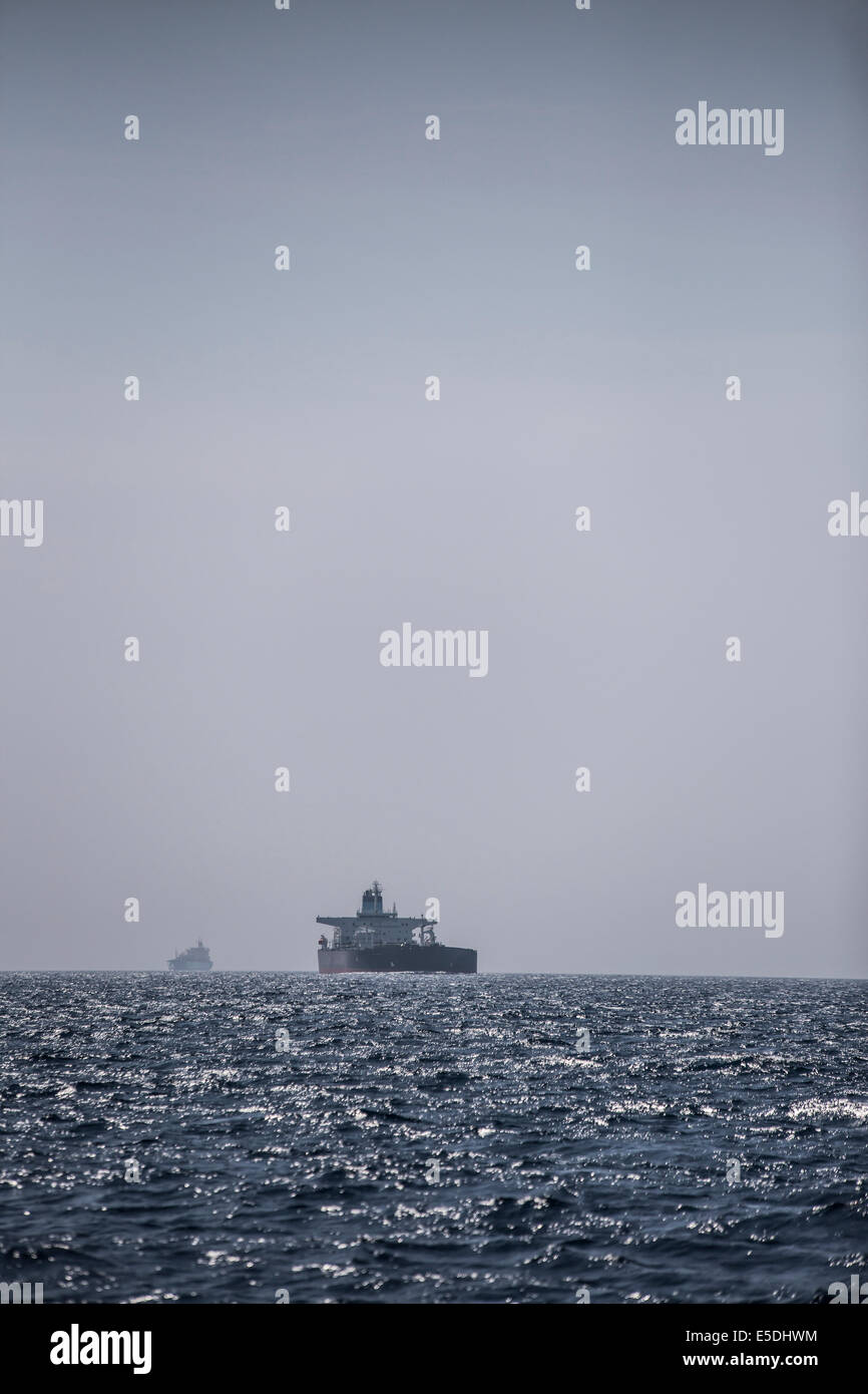 Spain, Andalusia, Tarifa, Strait of Gibraltar, Cargo ship Stock Photo ...