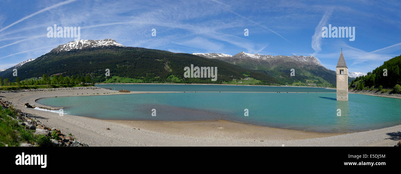 Italy, South Tyrol, Vinschgau, Old church tower of Graun in the ...