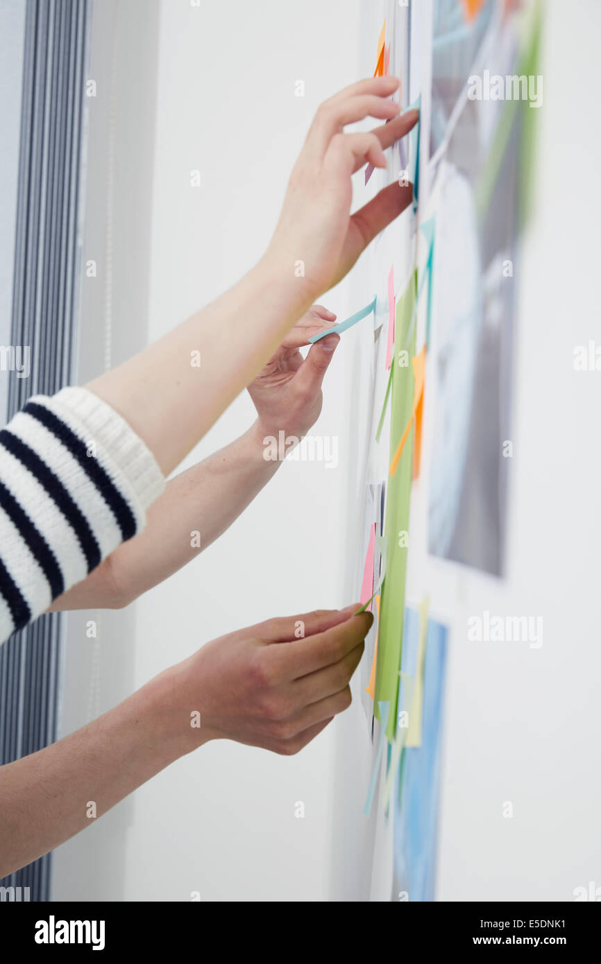 Hands sticking adhesive notes at wall Stock Photo - Alamy