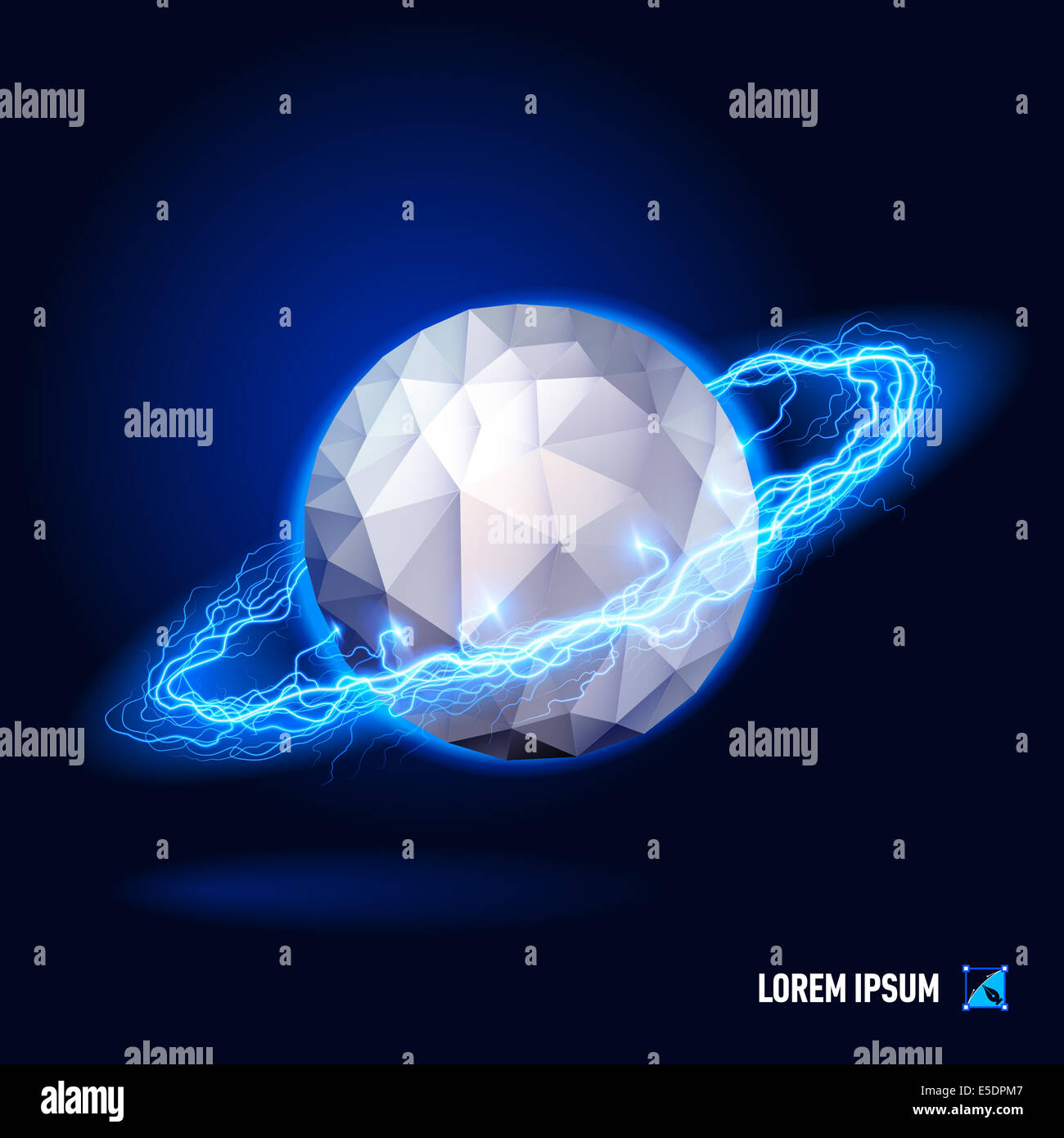 Poligonal sphere surrounded by a stream of blue energy in the space ...