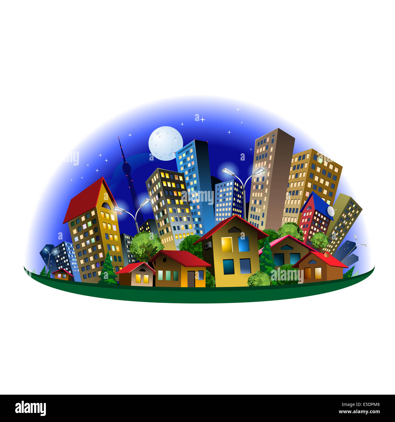 Colorful abstract cute city at night illustration on white background ...