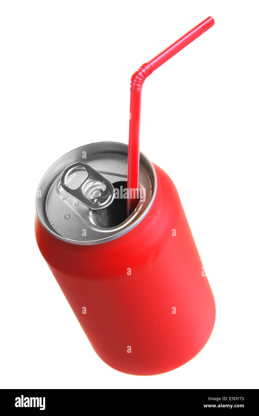 Red can with straw isolated over white background Stock Photo - Alamy