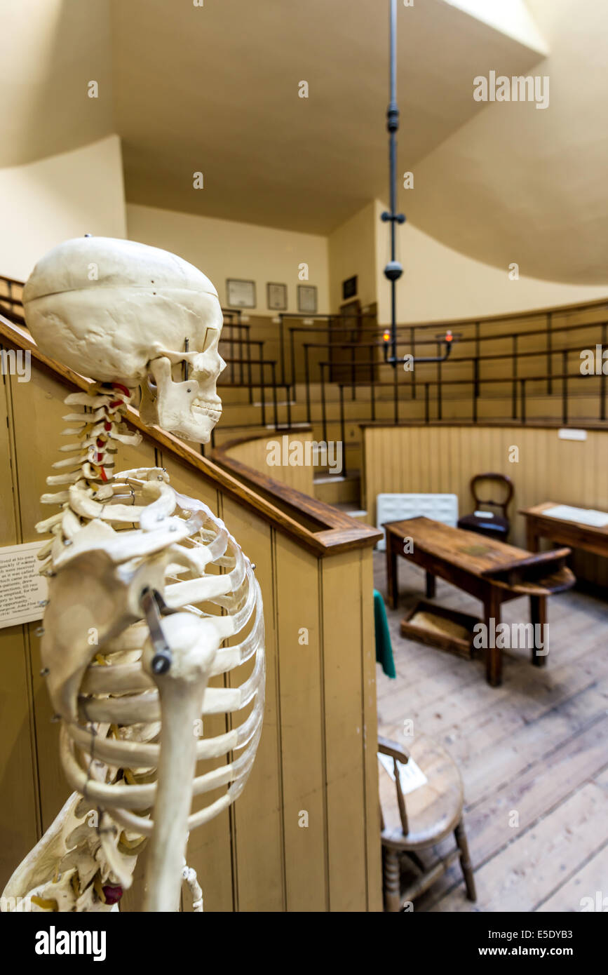 A medical skeleton inside a 19th Century operating theatre with student ...