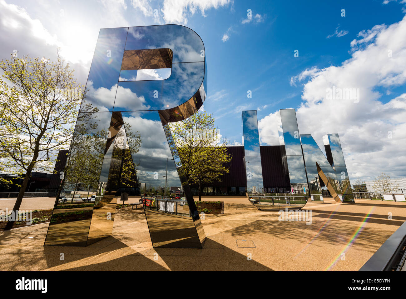 The word RUN in big mirrored letters outside The Copper Box arena in ...