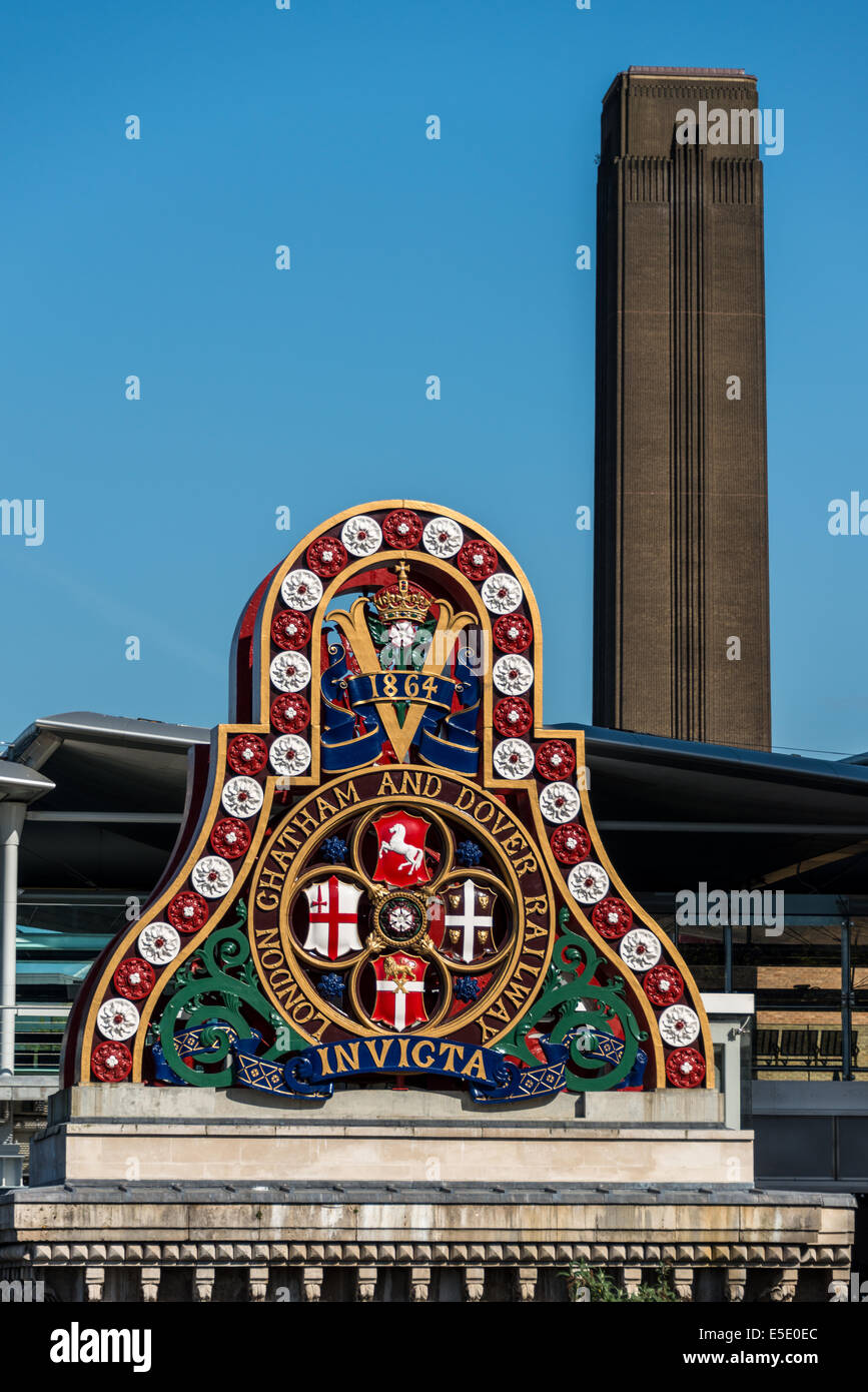 The insignia of the London, Chatham and Dover Railway on an abutment on ...