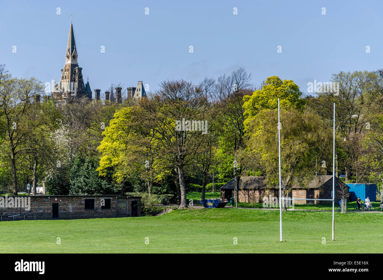 The spire of Fettes College, Edinburgh, seen across the fields and ...