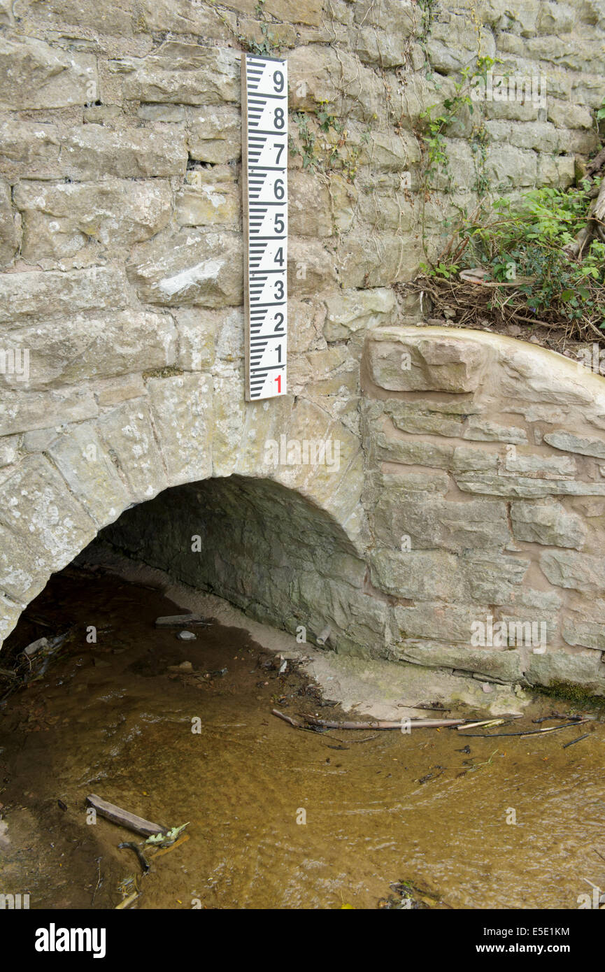 Lake overflow conduit with water level depth gauge Stock Photo - Alamy