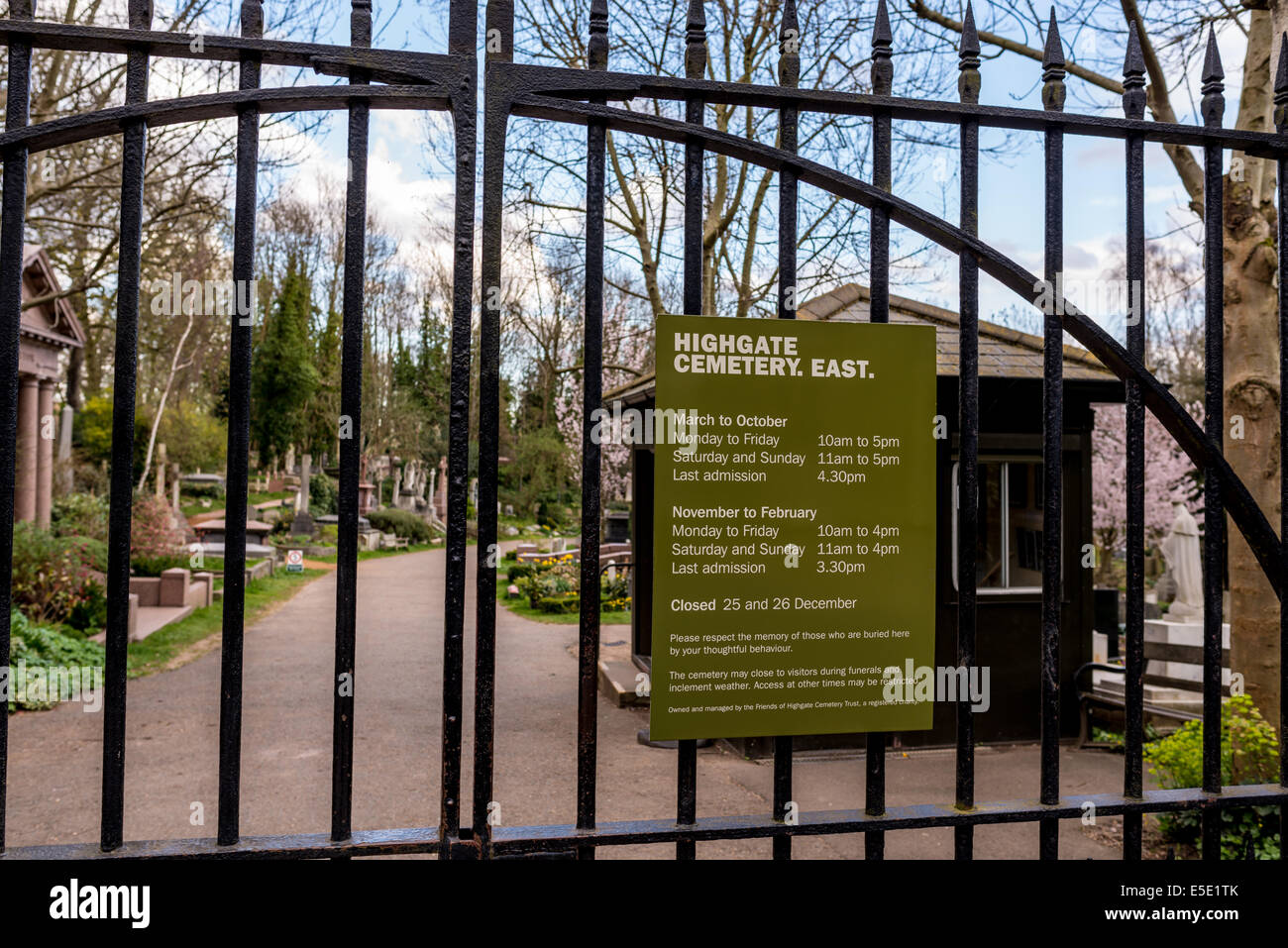 The front gate of Highgate cemetery. Highgate Cemetery is a place of ...