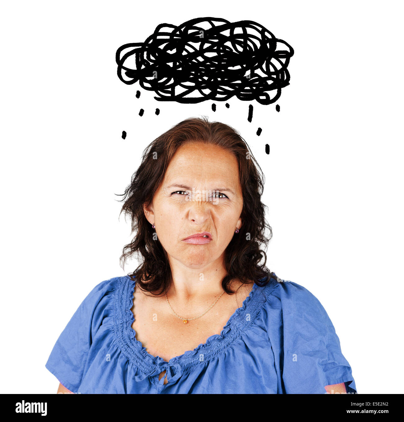 Grumpy middle aged woman with dark cloud over head Stock Photo - Alamy
