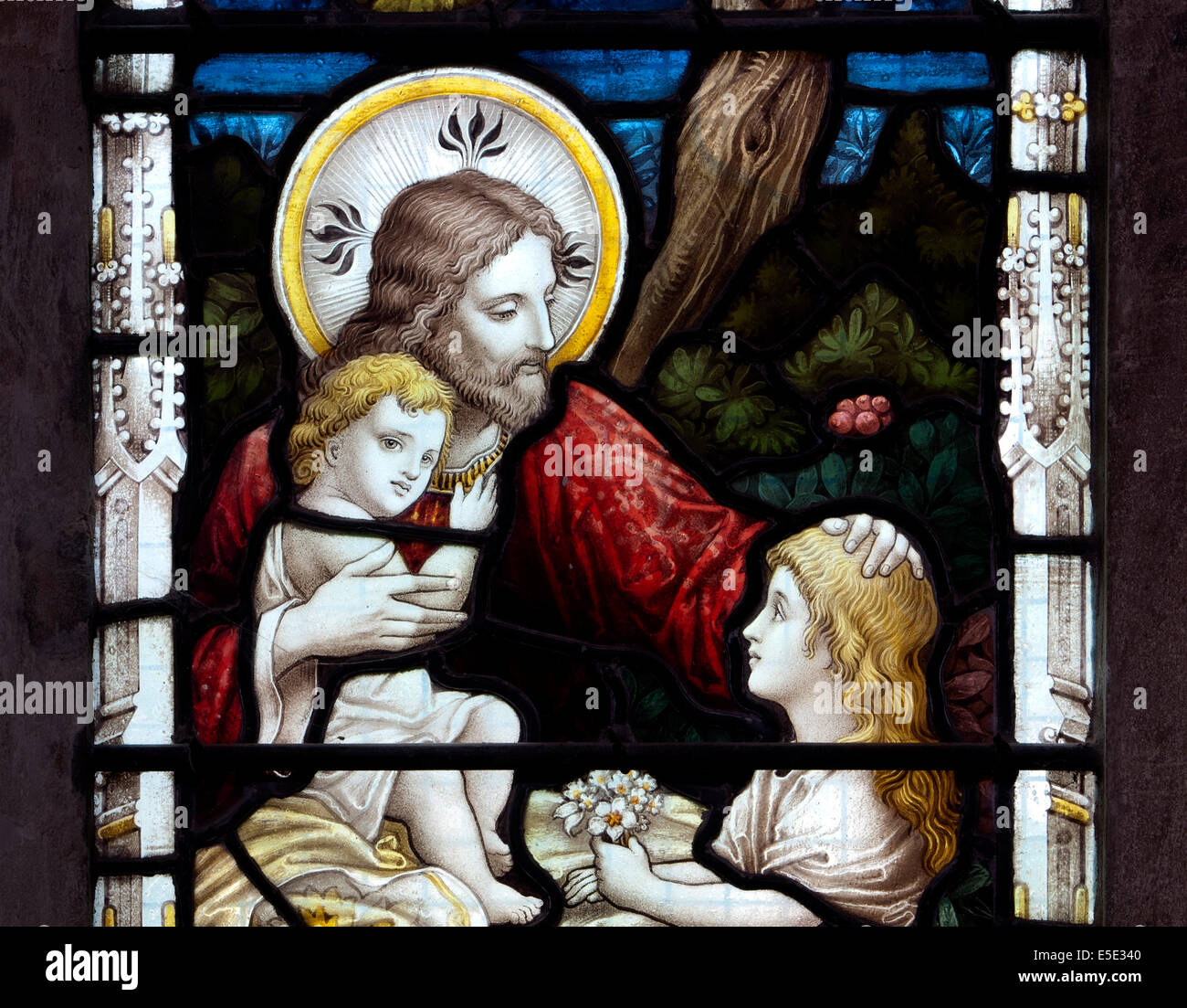 Jesus with children stained glass, St Peter`s Church, Bucknell ...