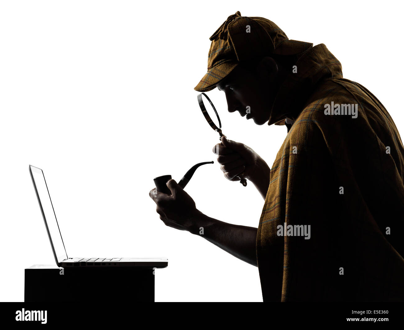 sherlock holmes laptop computer silhouette in studio on white ...