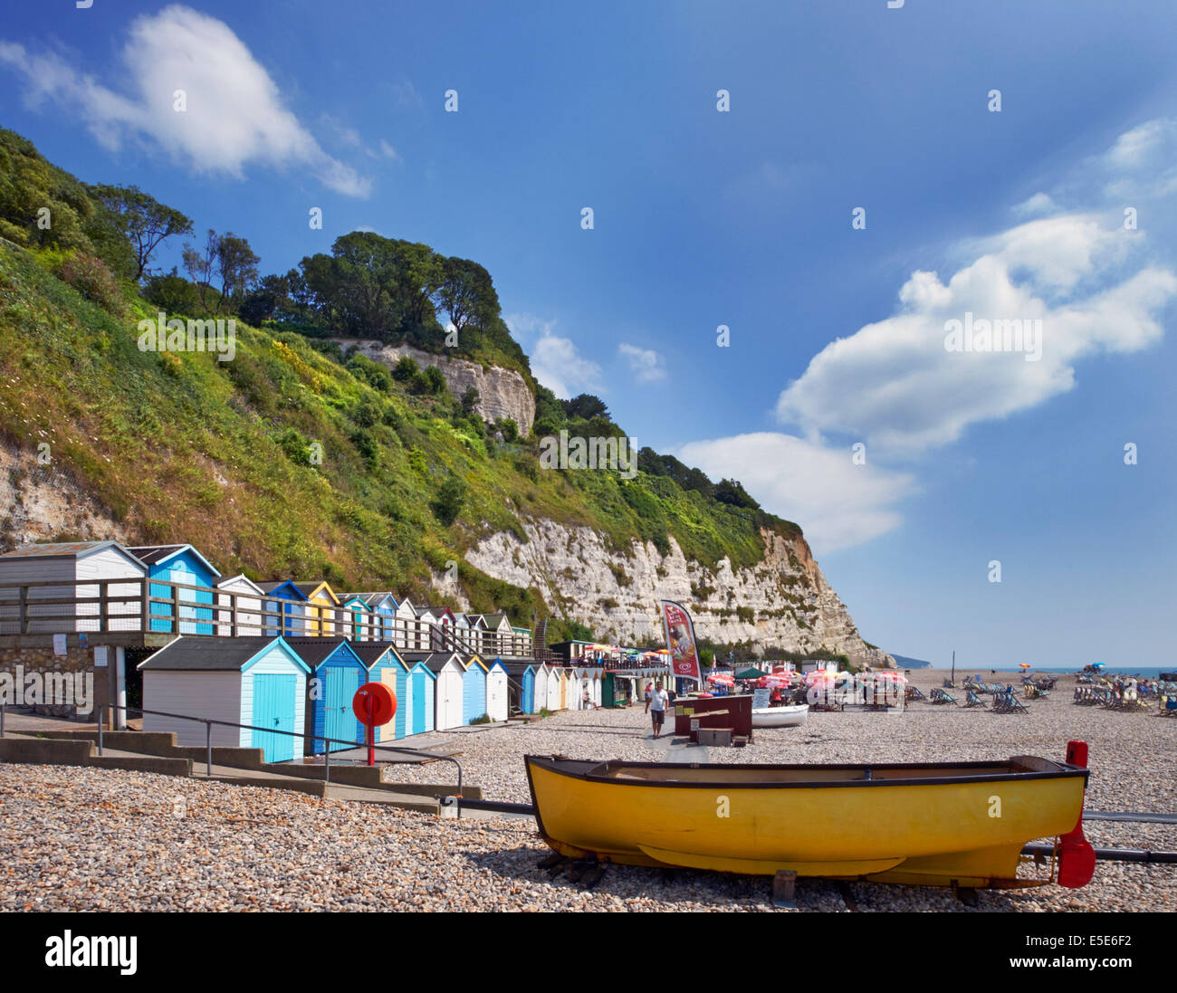Beach huts below the cliffs at Beer, South Devon, UK Stock Photo - Alamy