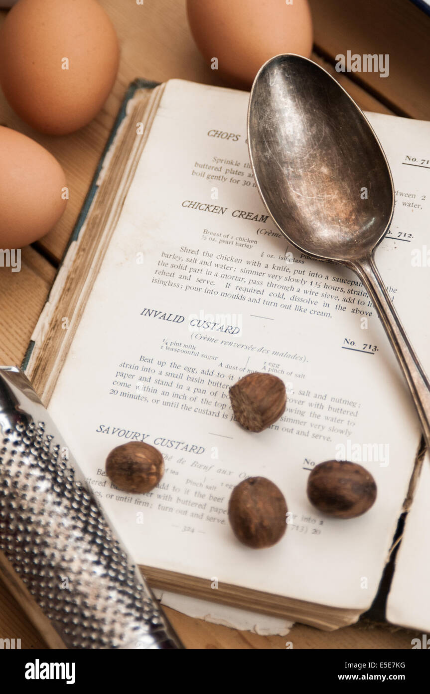 Old Recipe book invalid custard with nutmeg and eggs Stock Photo - Alamy