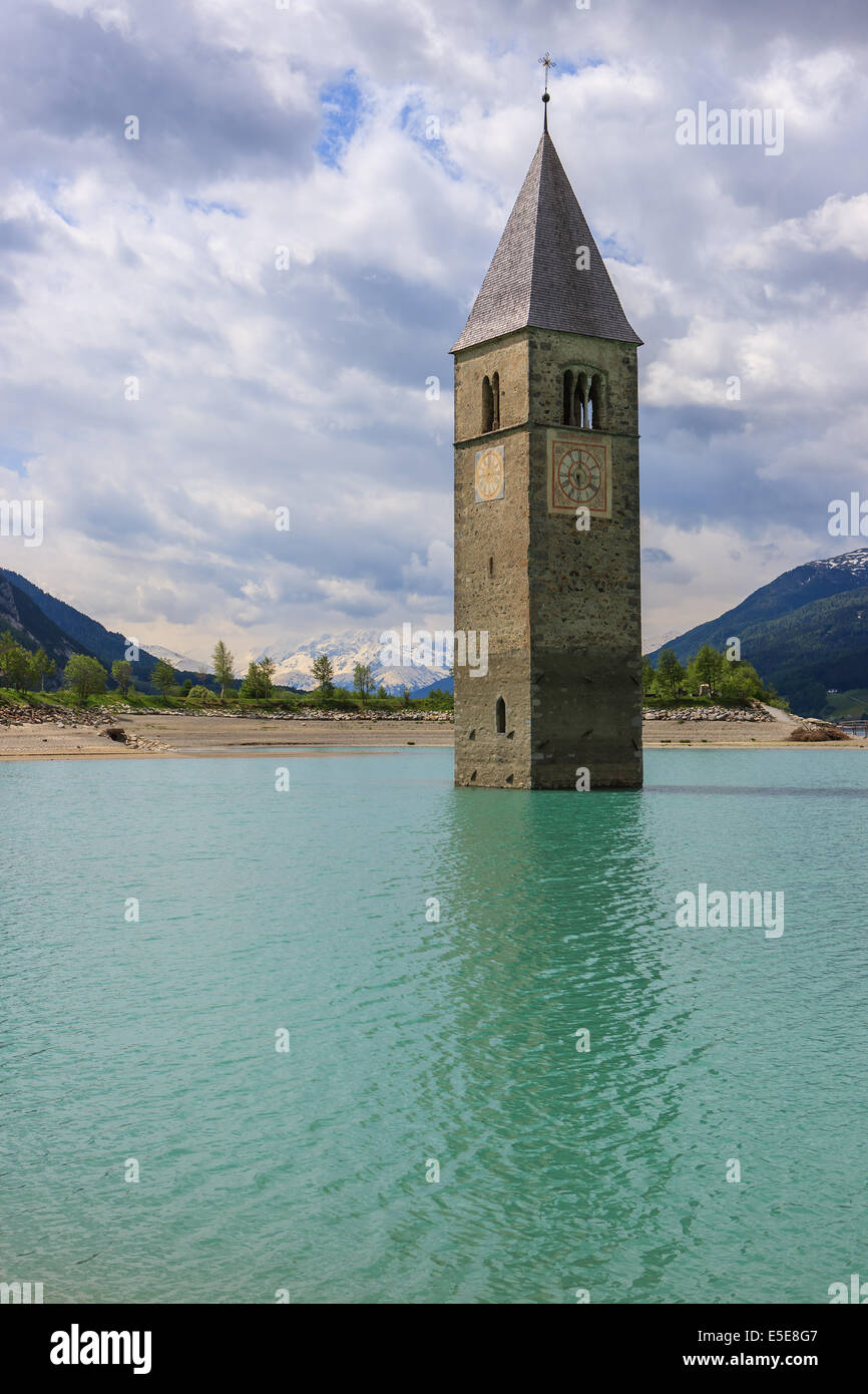 The bell tower in Reschensee, at the border of Italy and Austria Stock ...