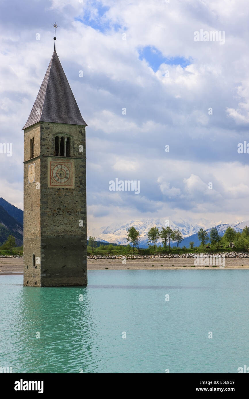 The bell tower in Reschensee, at the border of Italy and Austria Stock ...