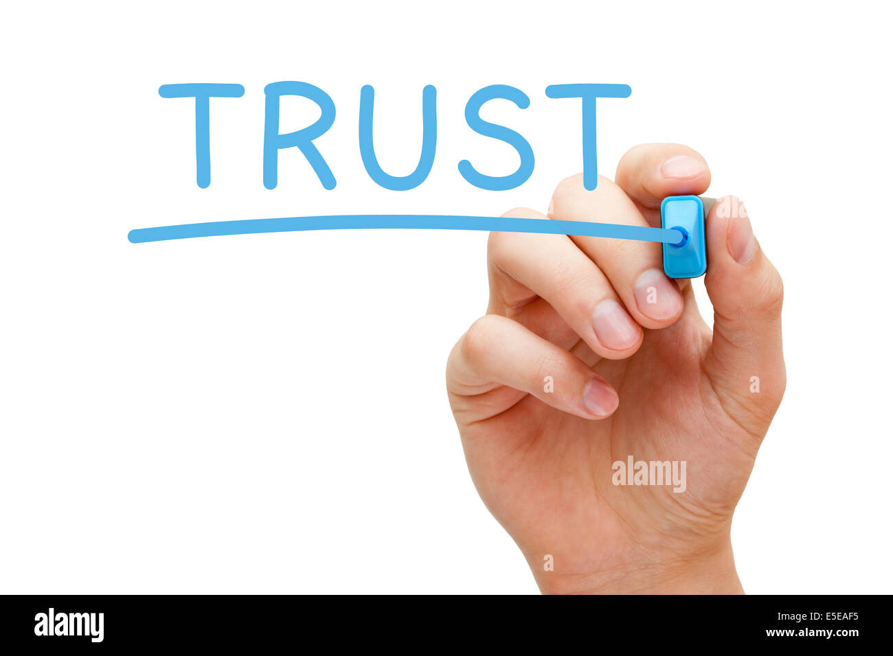 Hand writing Trust with blue marker on transparent wipe board Stock ...