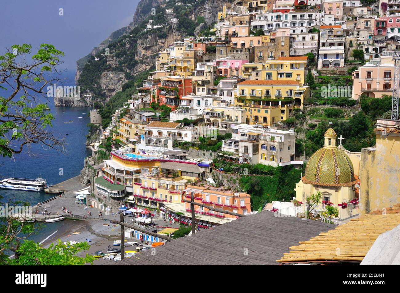 View over the coastal town of Positano, Italy. Image shows the tiled ...