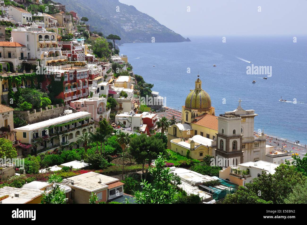 View over the coastal town of Positano, Italy. Image shows the tiled ...