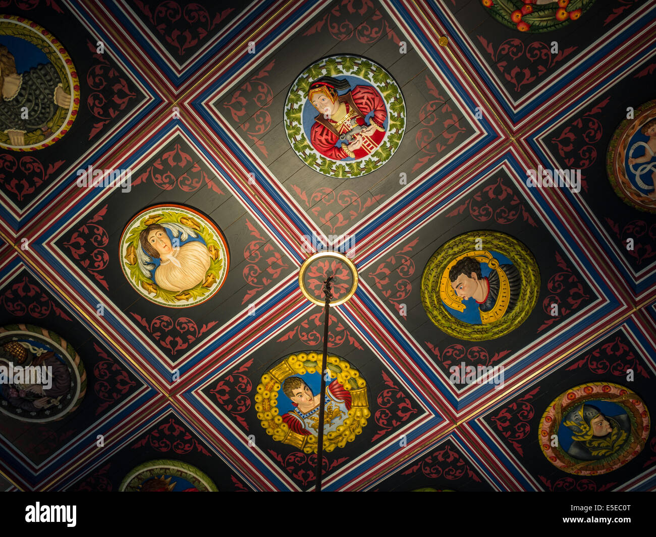 Carved heads of the restored King's Presence Chamber ceiling Stock ...
