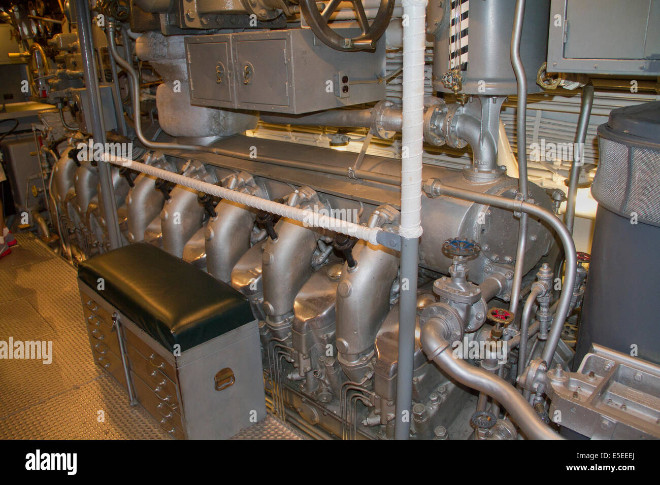Engine room with engine on World War II fleet submarine USS Bowfin, now ...