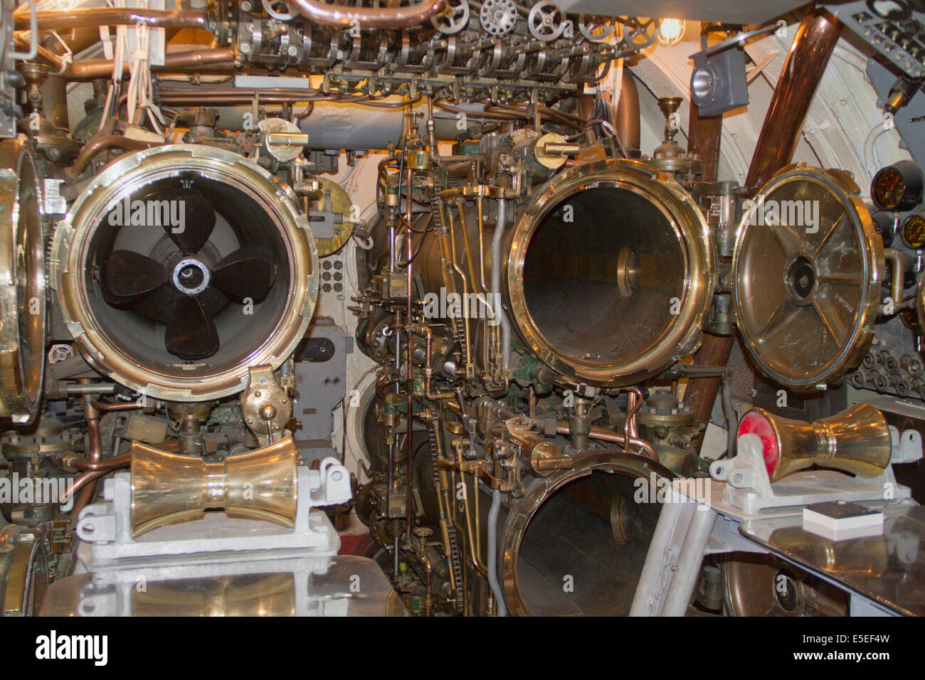 Torpedo tubes, one with torpedo in the USS Bowfin, World War II fleet ...