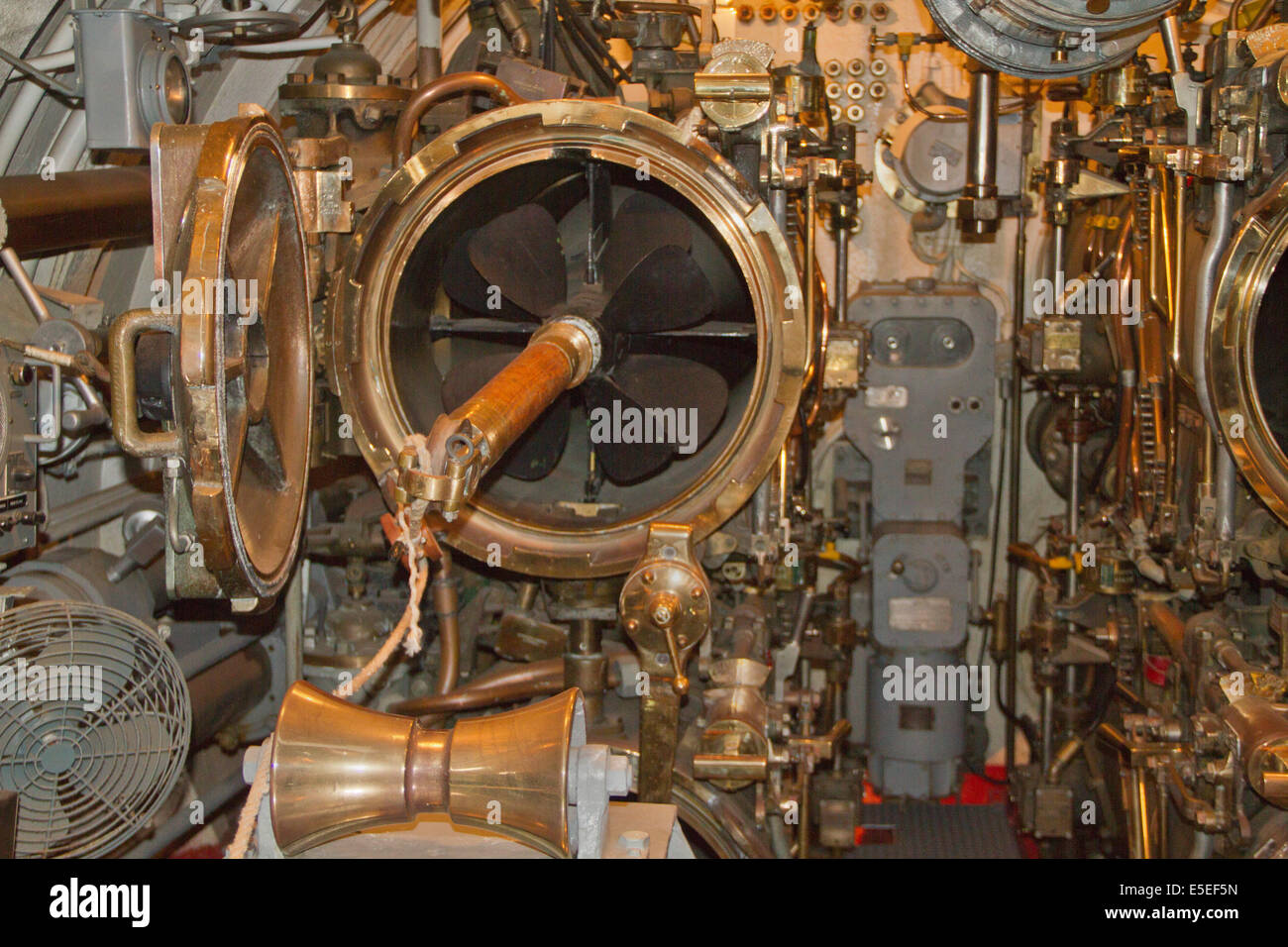 Torpedo tubes, one with torpedo in the USS Bowfin, World War II fleet ...