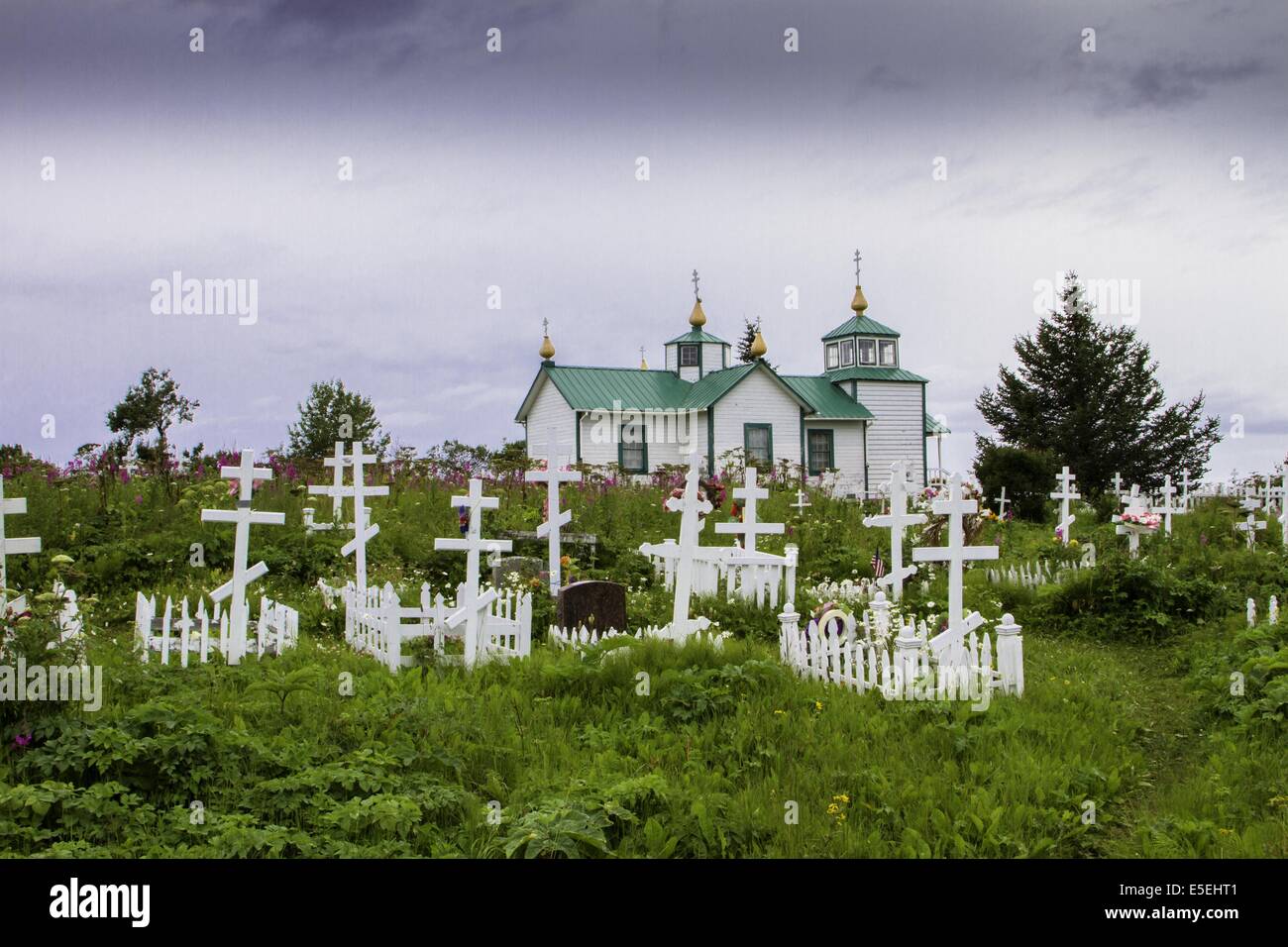 Russian cemetery and orthodox church in Ninilchik, Kenai peninsula ...