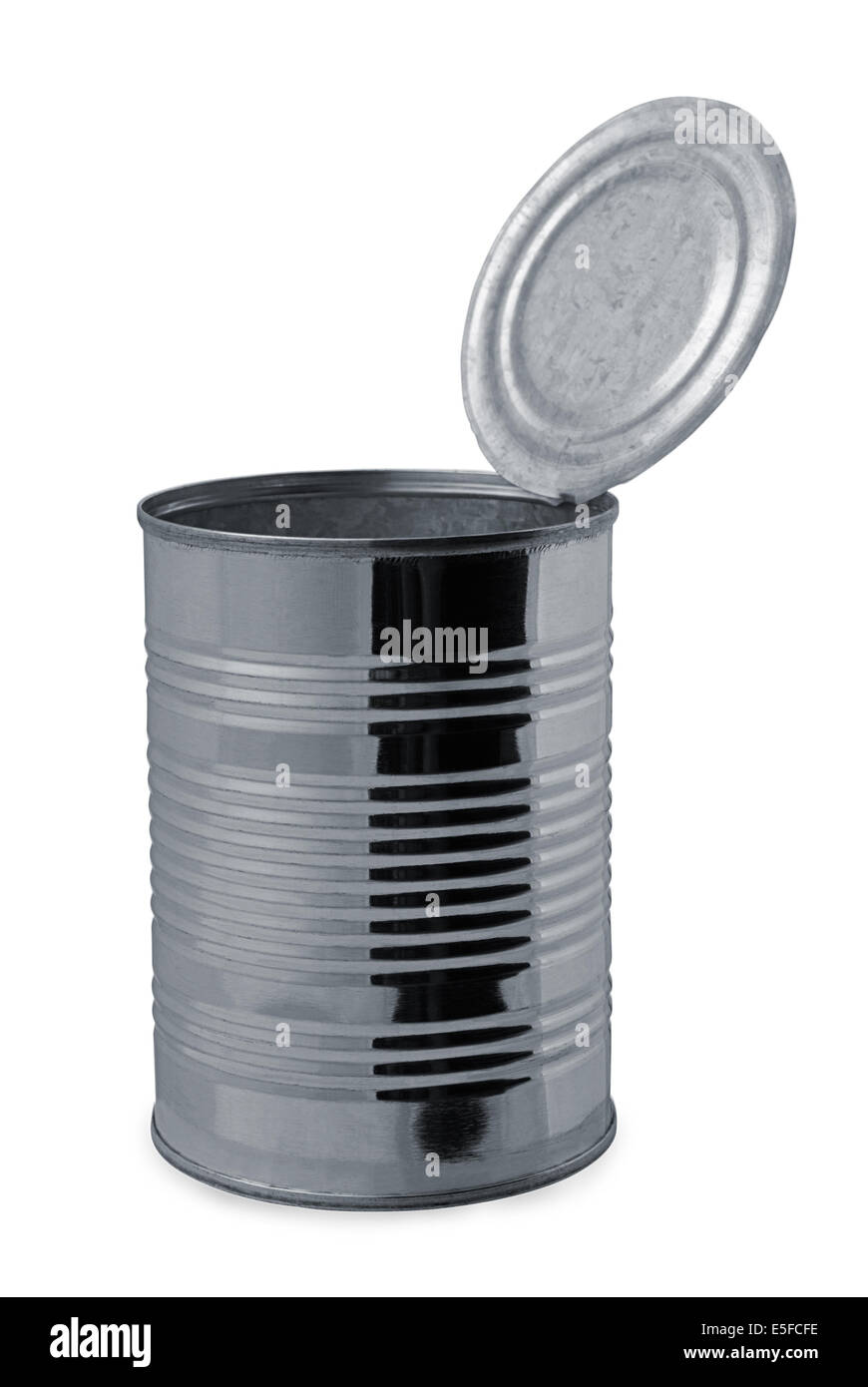 Opened can on a white background Stock Photo - Alamy