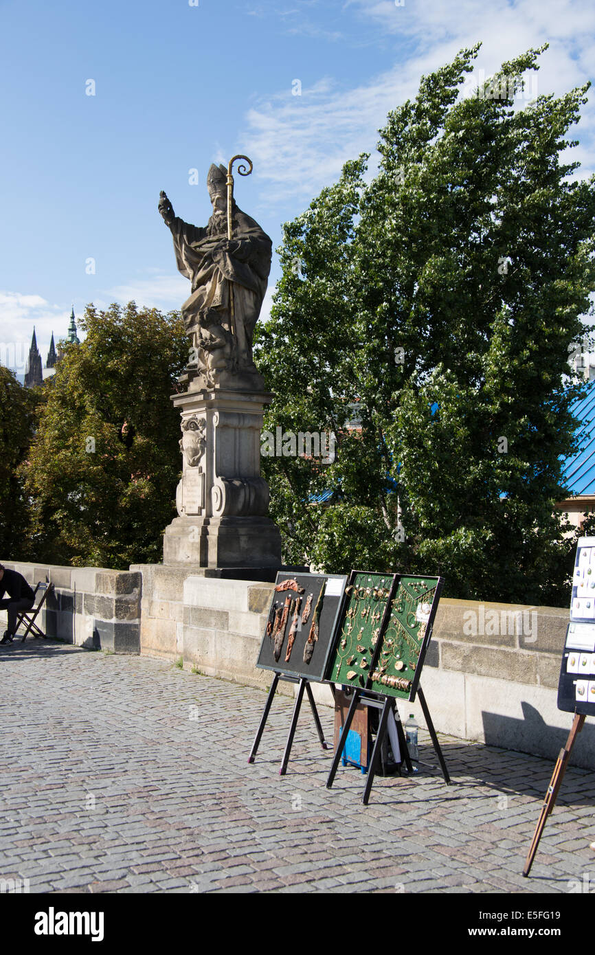 Trinket stall on the Charles Bridge over the River Vitava in Prague ...
