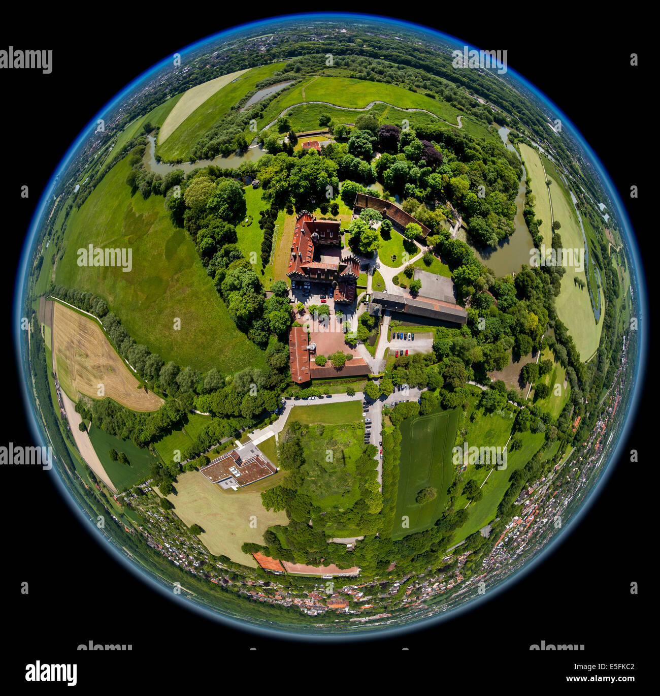 Aerial view, fisheye, Schloss Heessen Castle boarding school, moated ...
