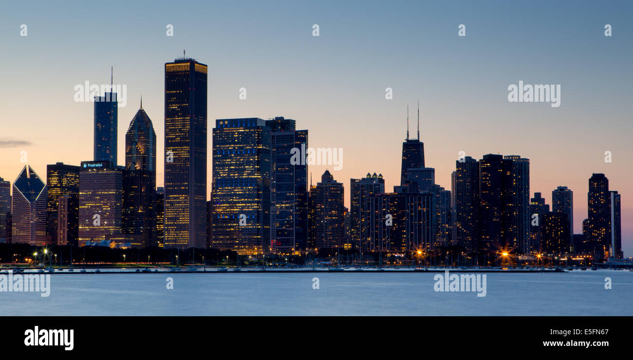 The Chicago skyline just after sunset on a hot summer's day in Illinois ...