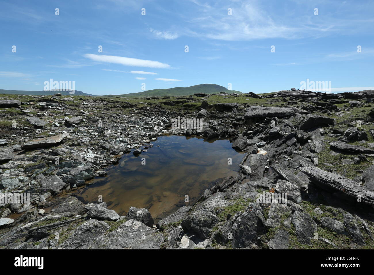 A pool of water on rocky terrain on Valentia Island, County Kerry in ...
