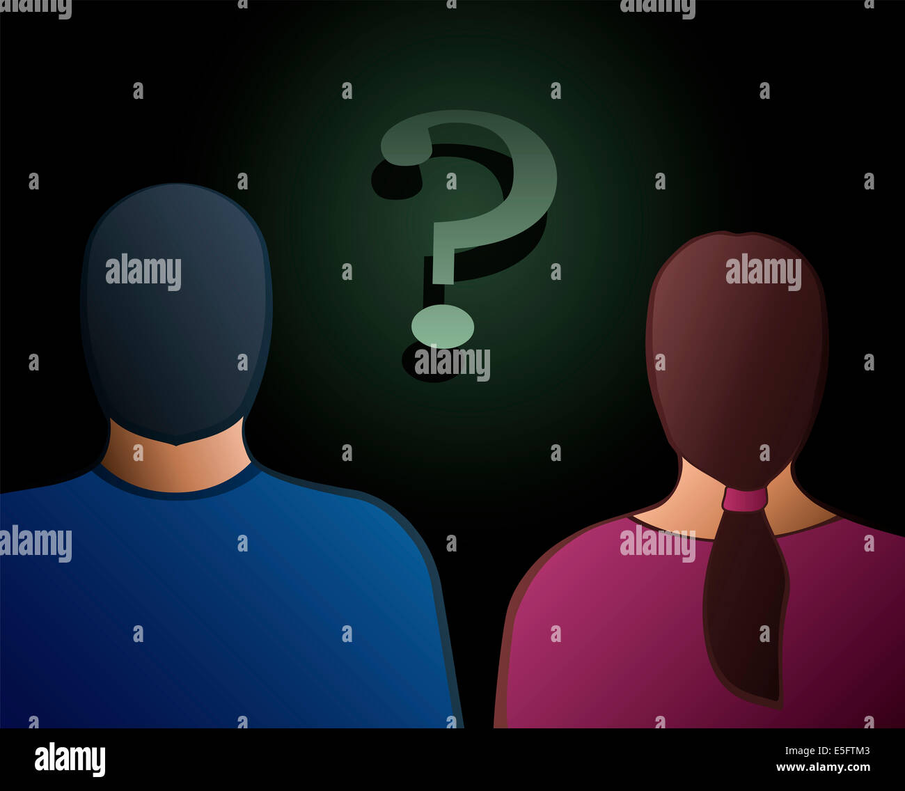 Back view of a man and a woman with a question mark between them Stock ...