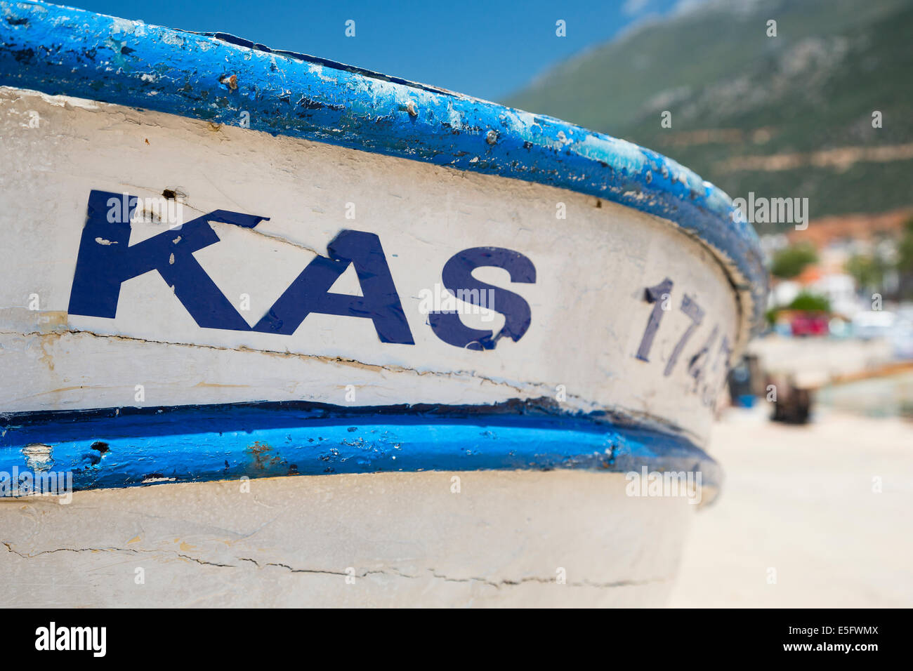 KAS, TURKEY Detail view of "Kas" fishing boat at Kas marina Stock Photo ...