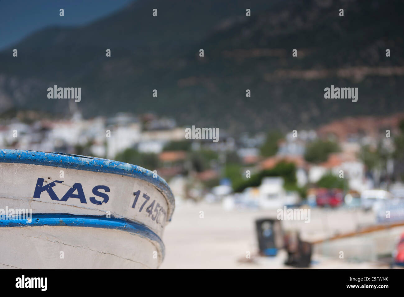 KAS, TURKEY Detail view of "Kas" fishing boat at Kas marina Stock Photo ...