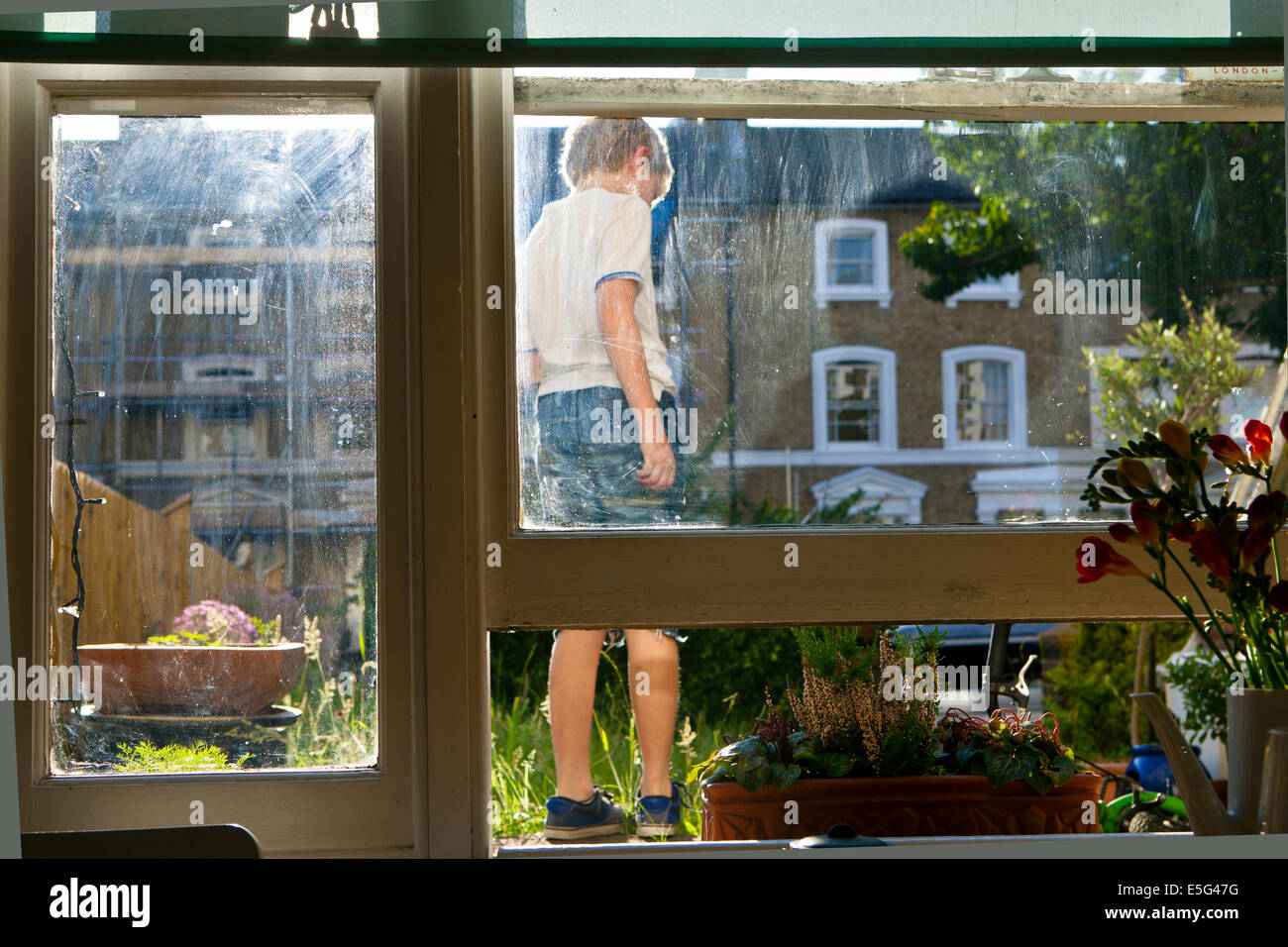 Boy standing in garden of house seen through window Stock Photo - Alamy