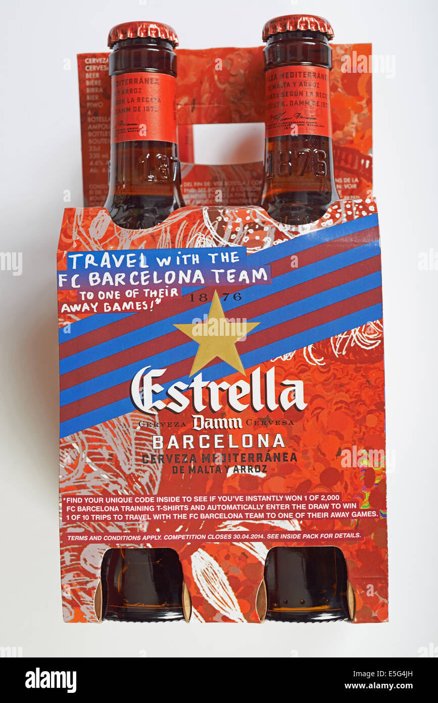 Estrella four-pack Spanish beer Stock Photo - Alamy