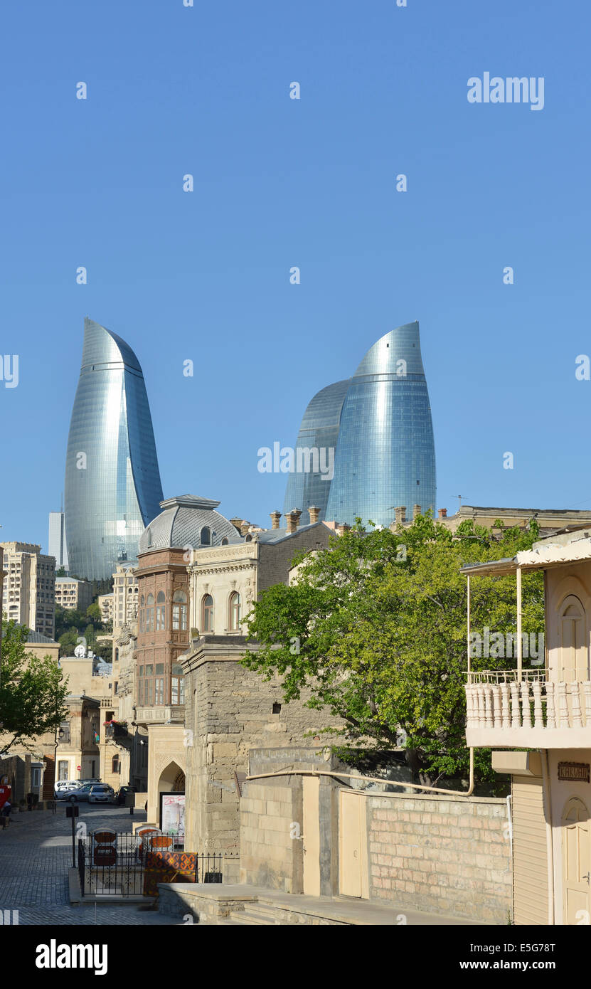 Flame Towers visible over the buildings of the Old City, Baku ...