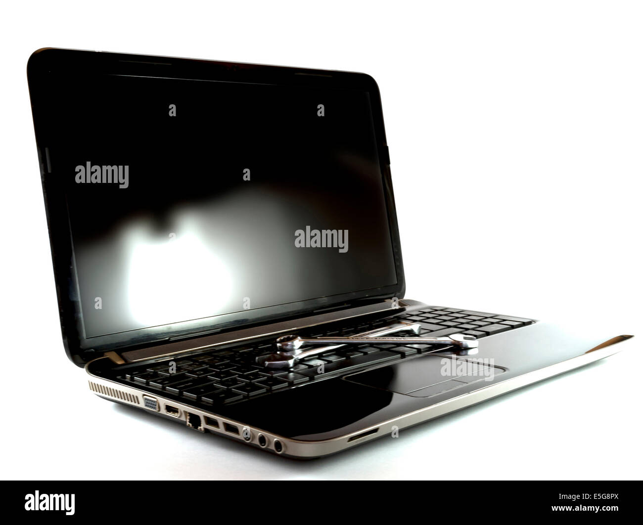 Open black laptop or notebook on white background Stock Photo - Alamy