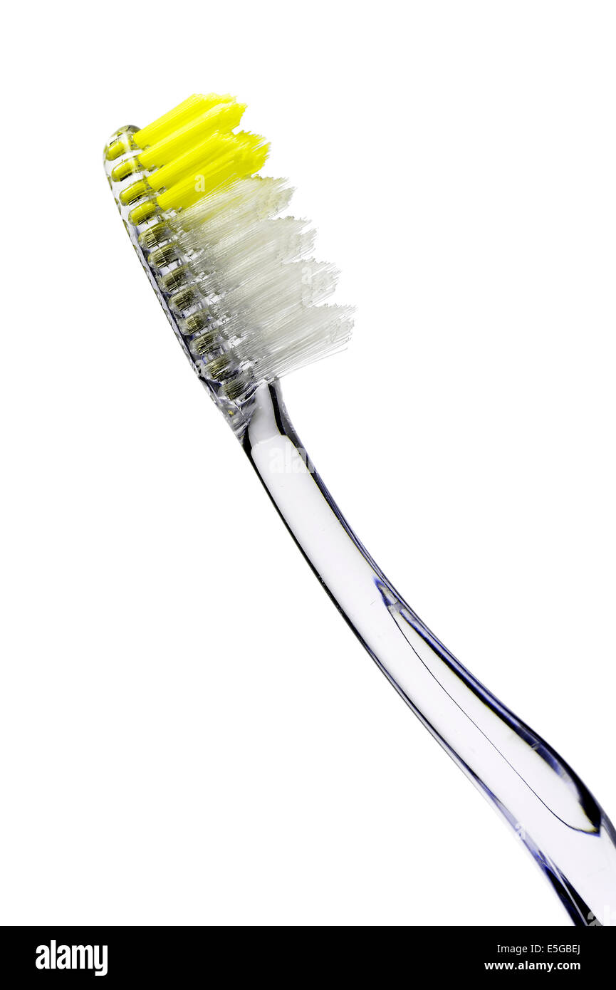 detail toothbrush with bristles yellow, isolated on white Stock Photo ...