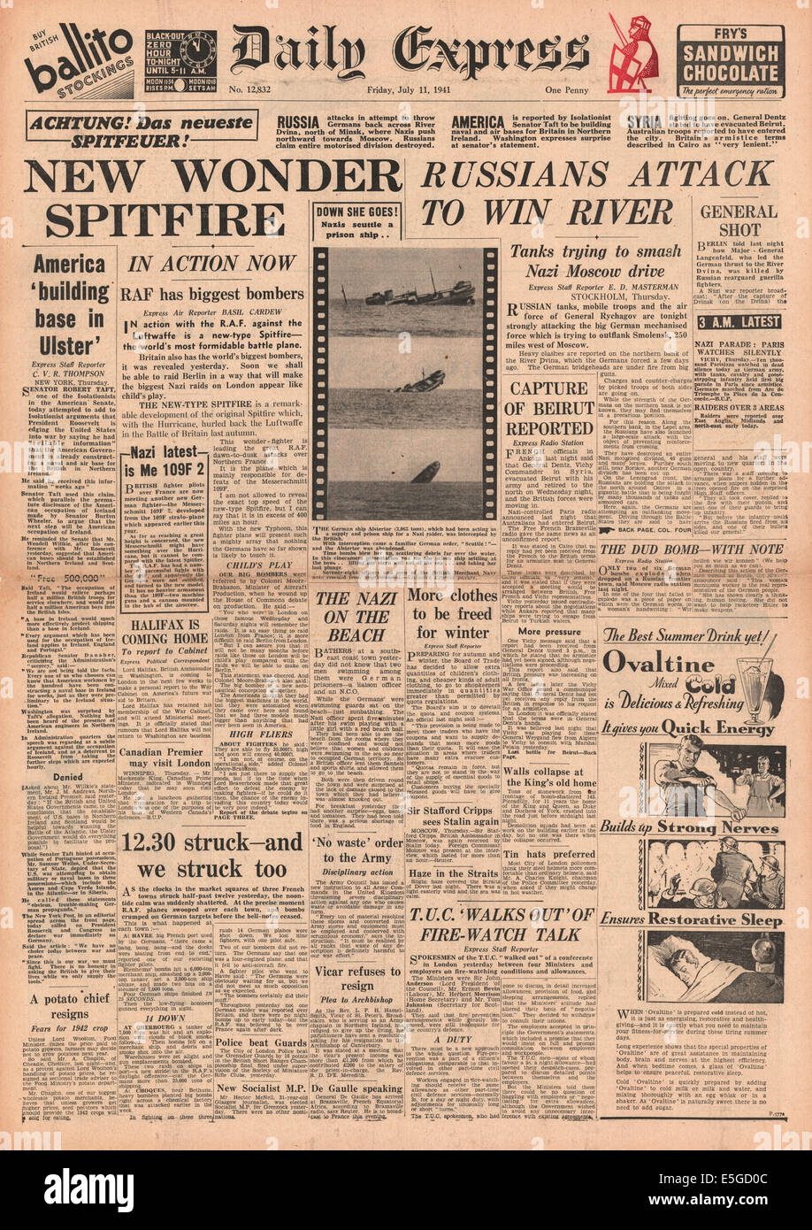 Daily Express (UK) front page report on the new model of Spitfire ...
