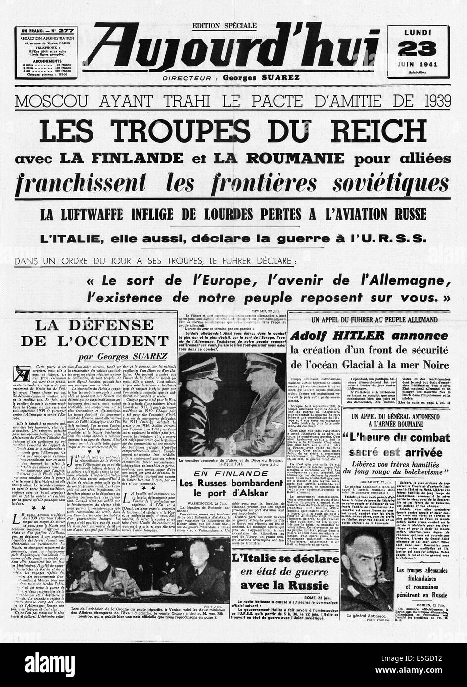 1941 Aujord'hui (France) front page reporting Nazi Germany invades ...