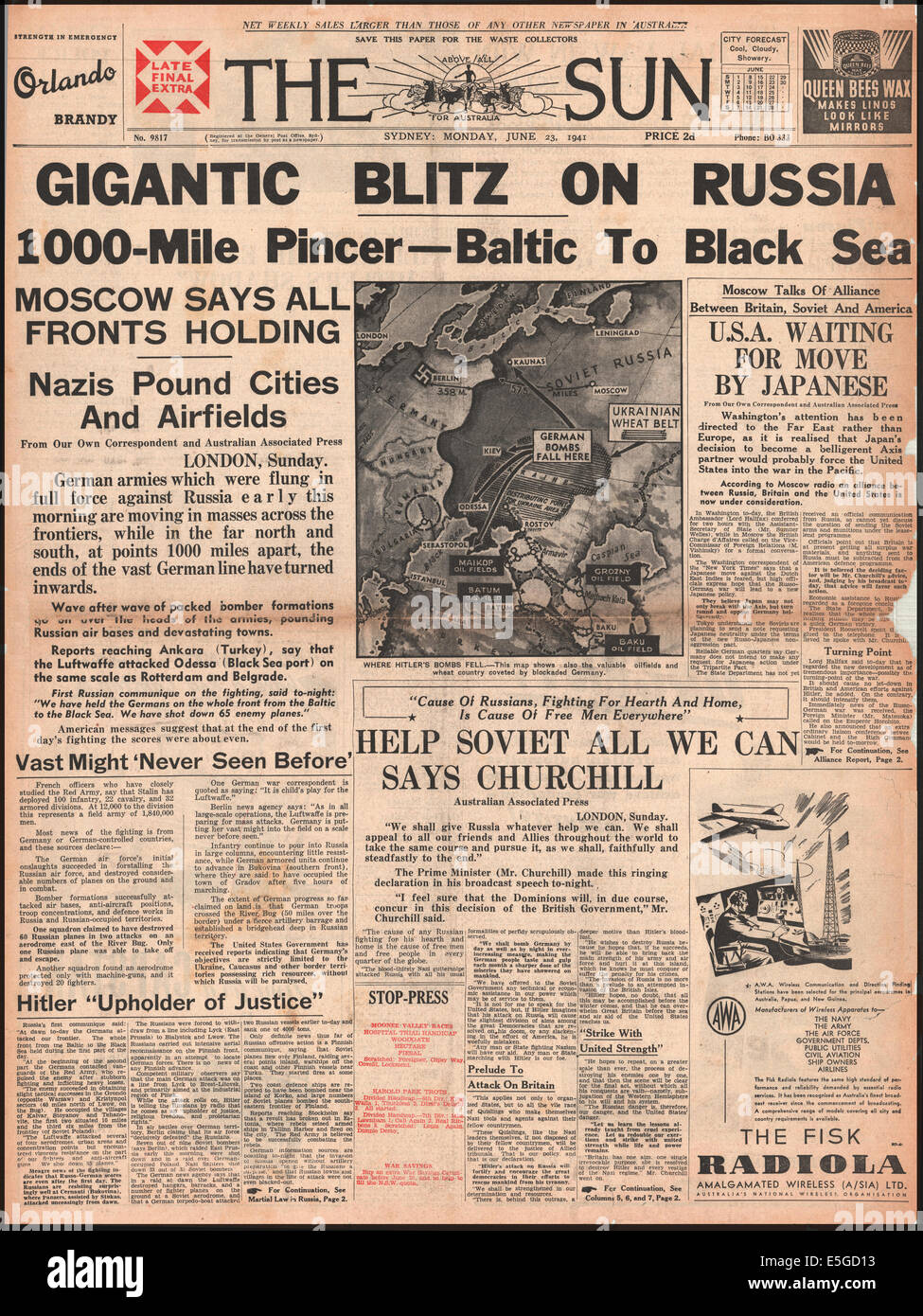 1941 The Sun (Australia) front page reporting Nazi Germany invades ...