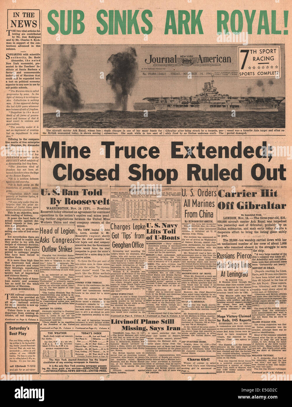 1941 New York Journal American (USA) front page reporting the Sinking ...